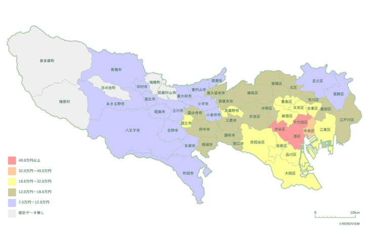 48地域別【3LDK 家賃相場ランキング＆マップ】東京都編 2020年